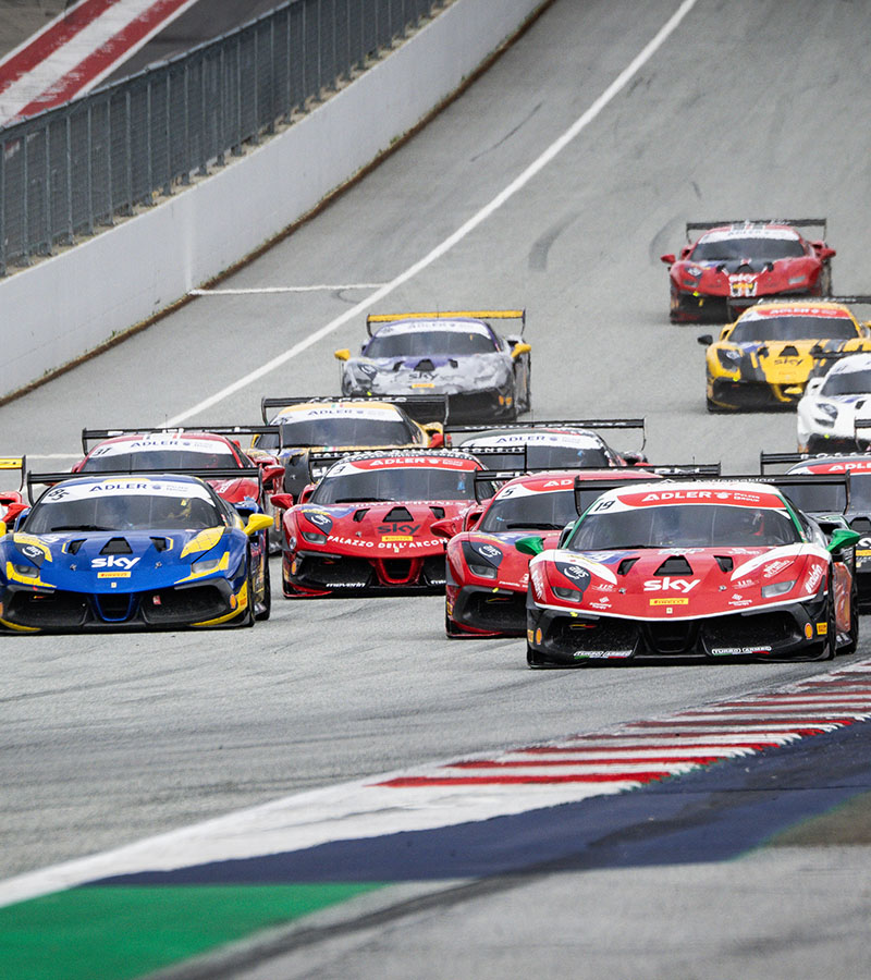 Seventy-one 488 Challenge Evos on the track at Le Mans in Ferrari Challenge