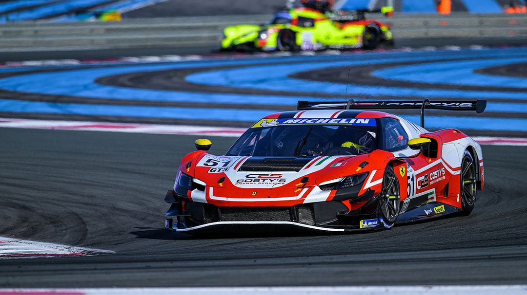 Eight Ferrari 296 GT3s on the track for the Road To Le Mans